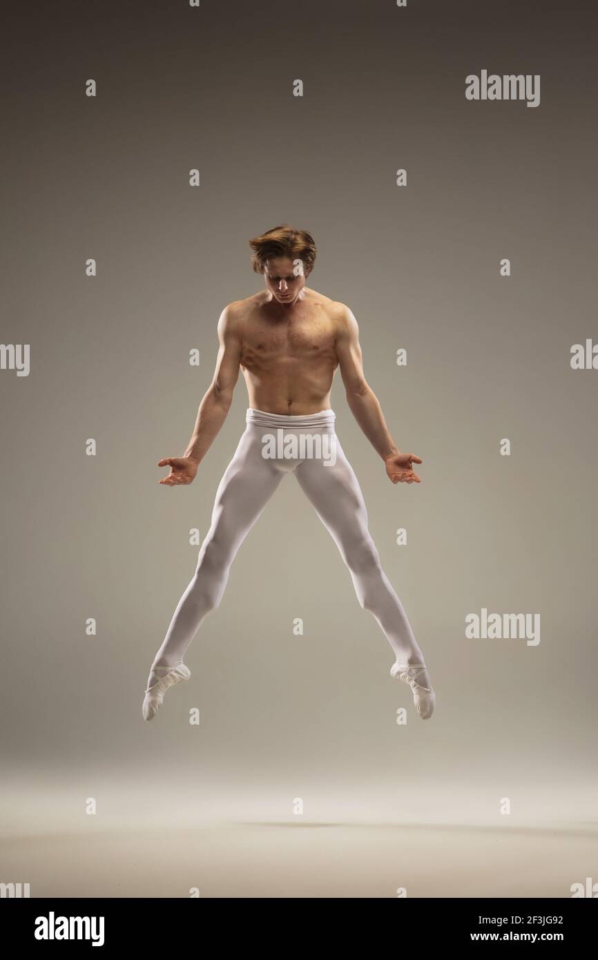 Muscular. Young and graceful ballet dancer isolated on studio ...