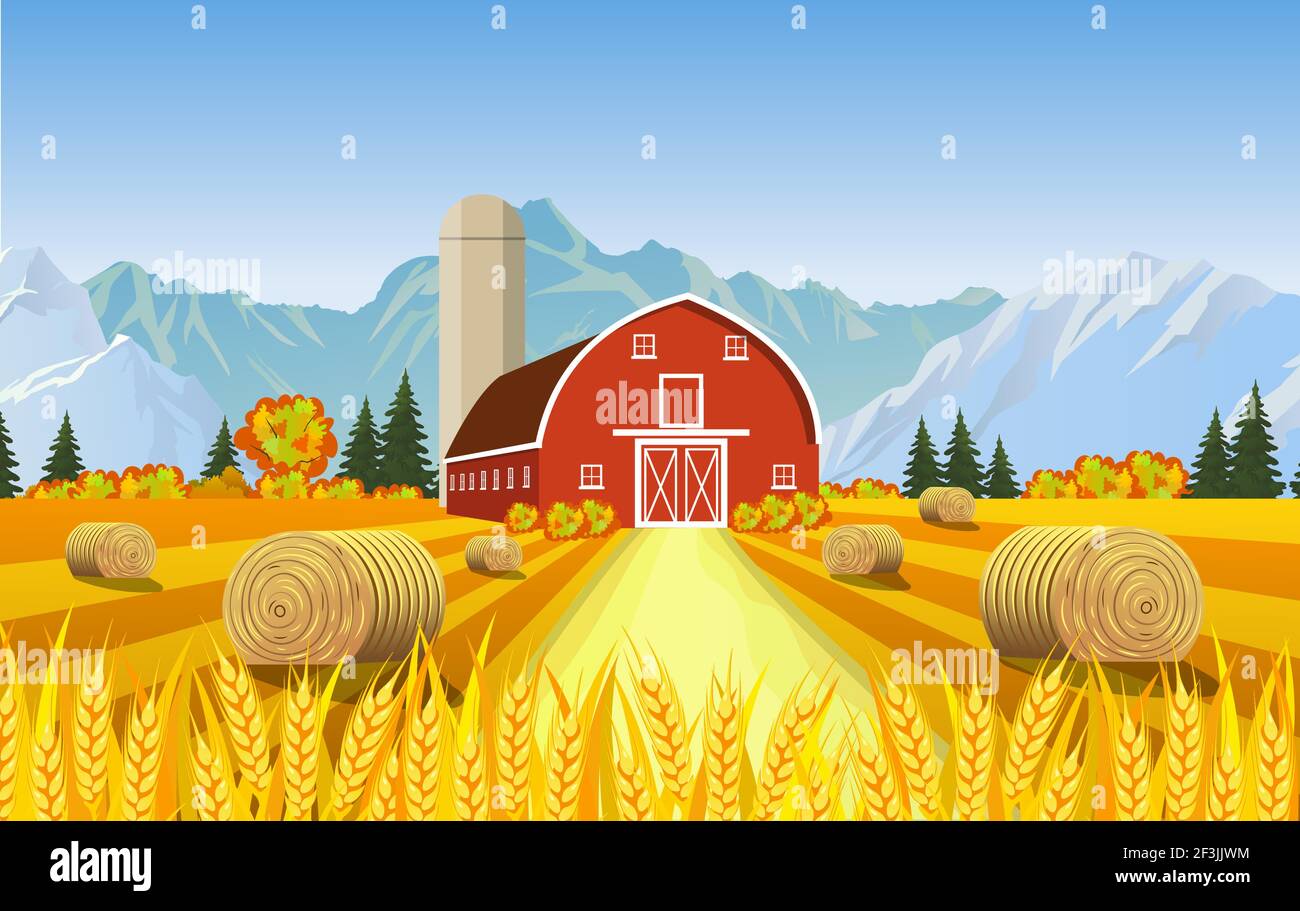 Cartoon beautiful fall farm scene Stock Vector Image & Art - Alamy