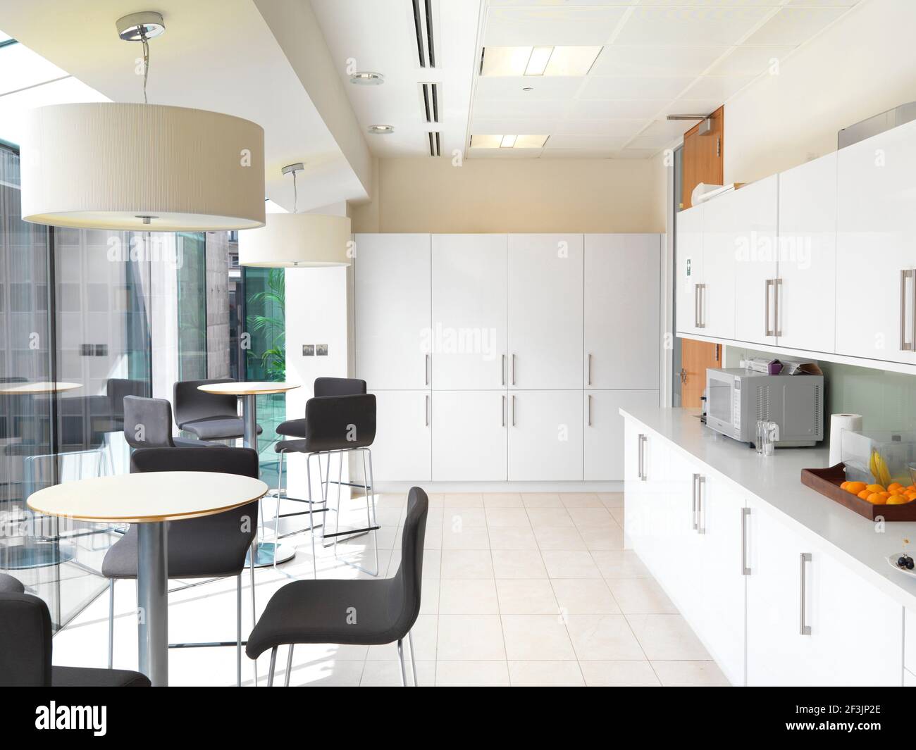 Staff kitchen in commercial building at 10 Old Bailey, London Stock ...