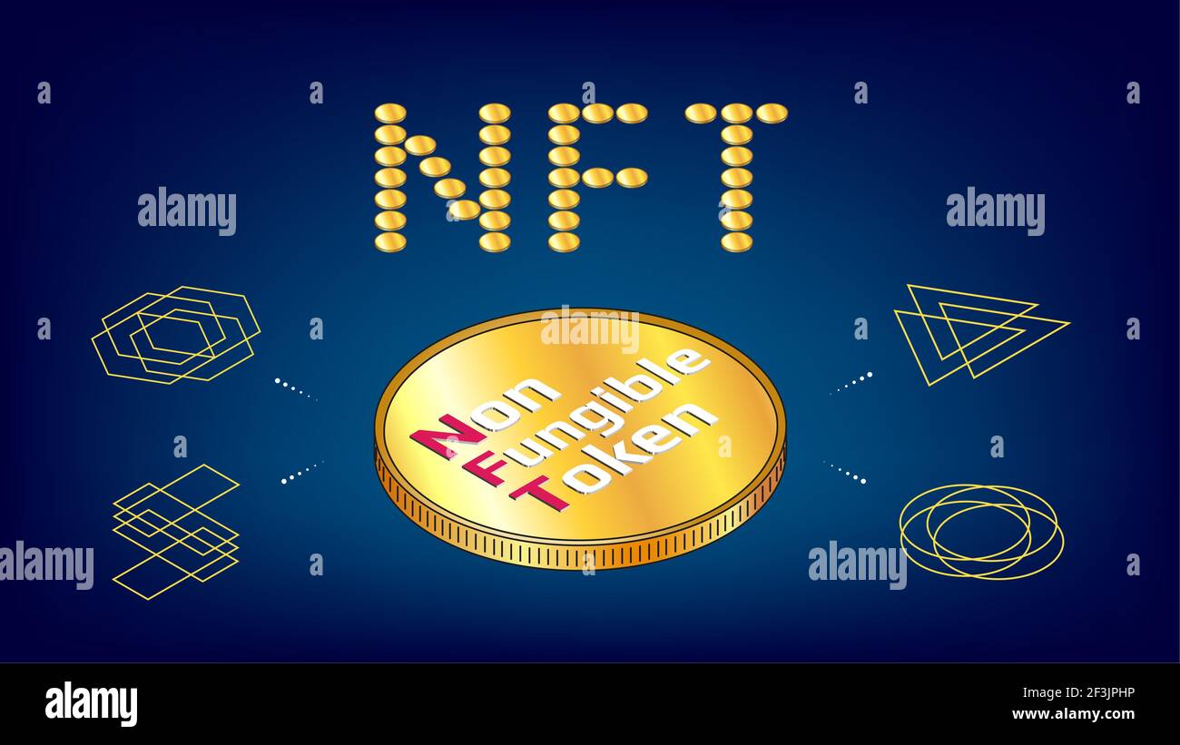NFT word from golden coins non fungible tokens infographics with big ...