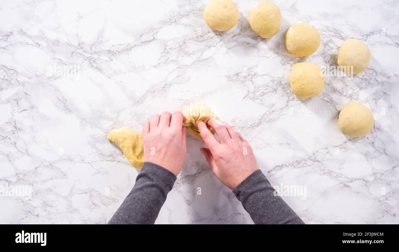Flat lay. Step by step. Dividing bread dough to bake homemade brioche ...