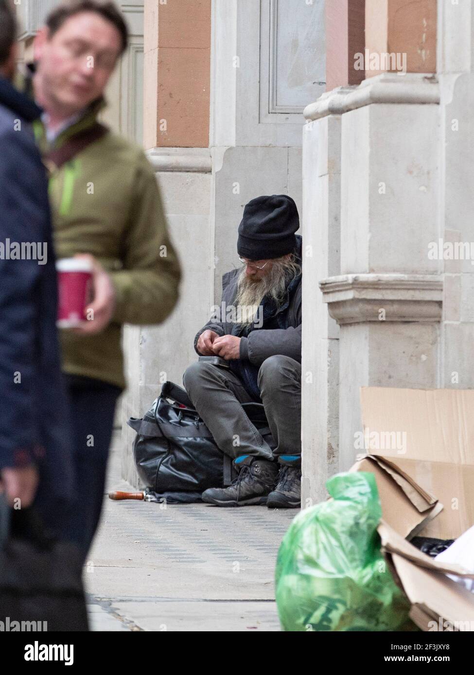 Homeless man on the Strand London, during the UK national Lockdown ...