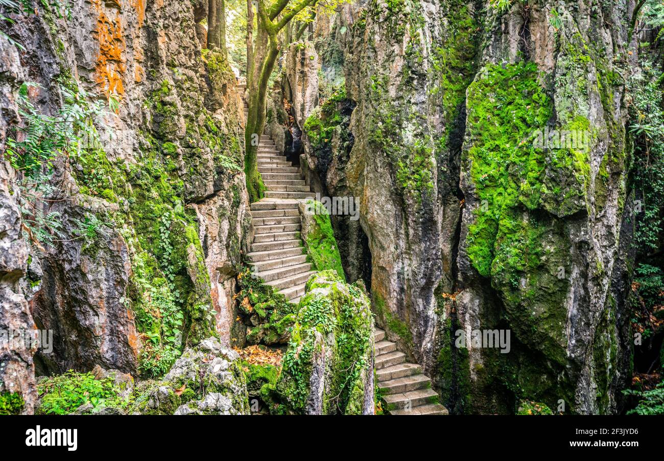 Stairs pathway in middle of limestone rock formation at Shilin stone ...