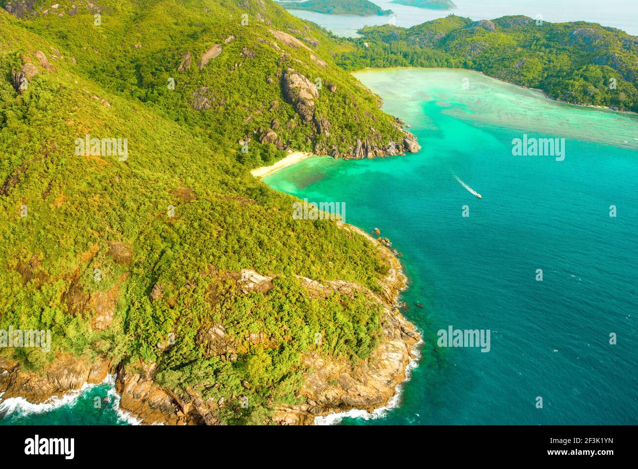 Aerial view of the tropical Mahe Island and beautiful lagoons ...