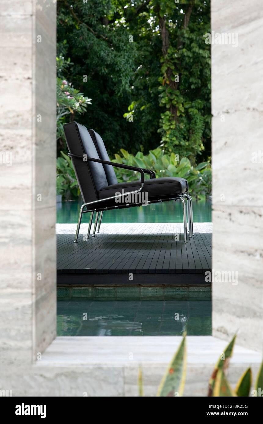 Chairs on terrace seen through marble window, 9 Ridout Rd, Singapore ...