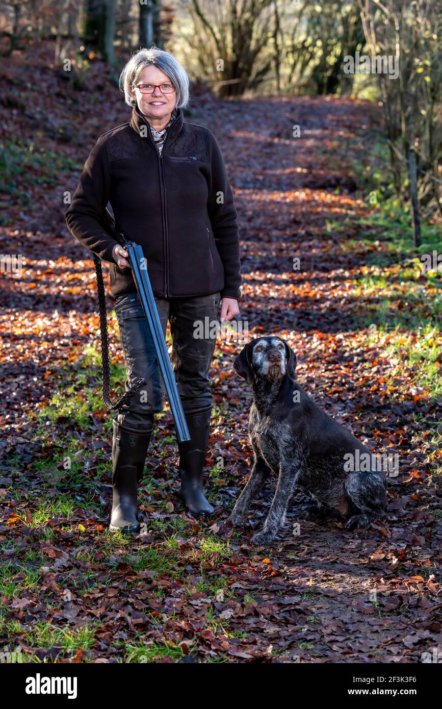 Female hunter and German Wirehaired Pointer in a forest. Germany Stock ...