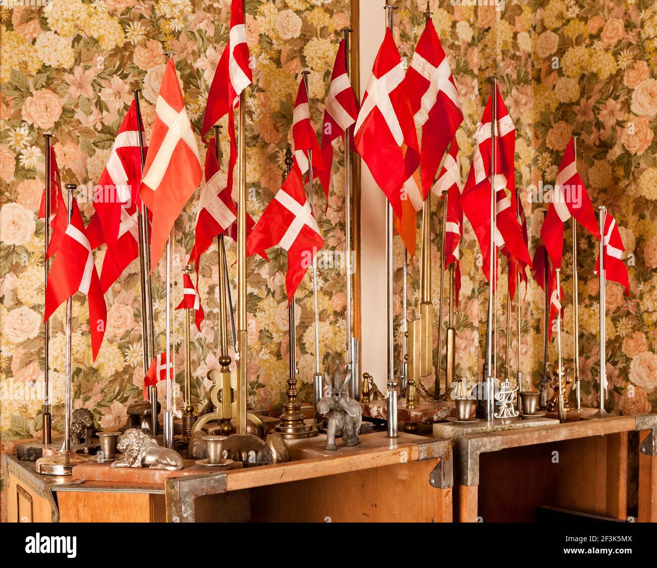 Book shelves of plywood cases, collection of Danish table flags Stock ...