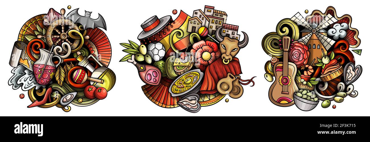 Spain cartoon vector doodle designs set. Colorful detailed compositions ...