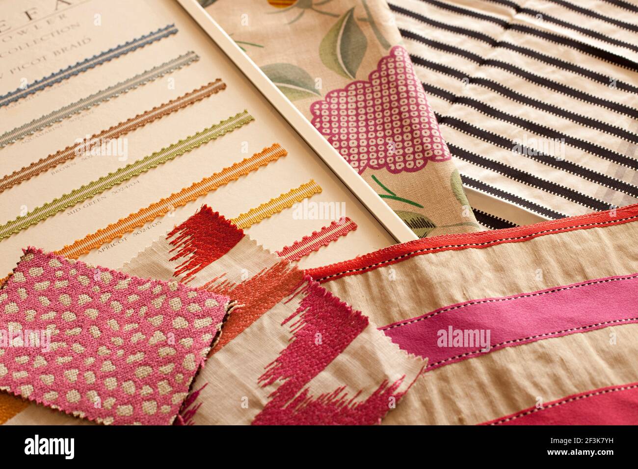 Choosing fabrics. Picture shows swatches of fabric for an interior ...