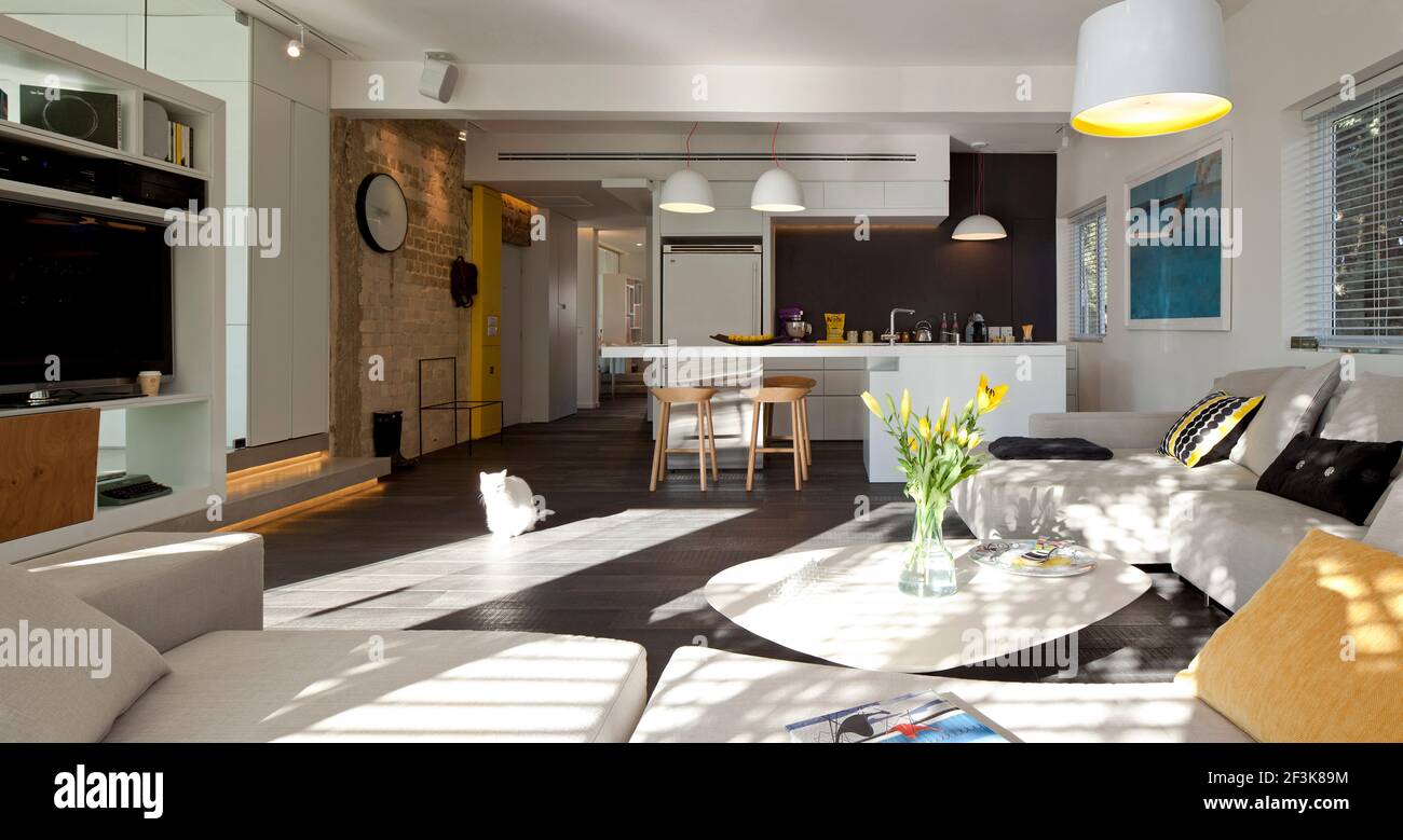 Open plan kitchen and living room in Amir Navon House, Israel, Middle ...