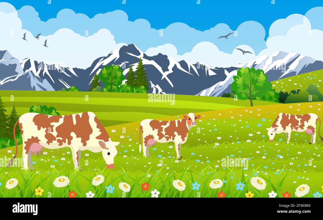 three cows in a landscape and farm Stock Vector Image & Art - Alamy
