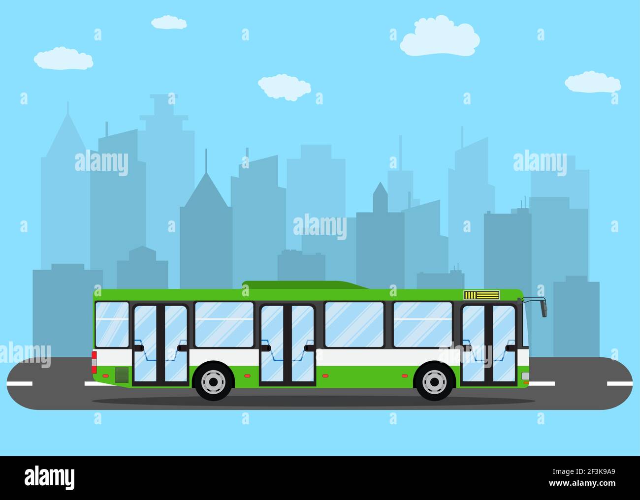 Green bus in front of city silhouette Stock Vector Image & Art - Alamy