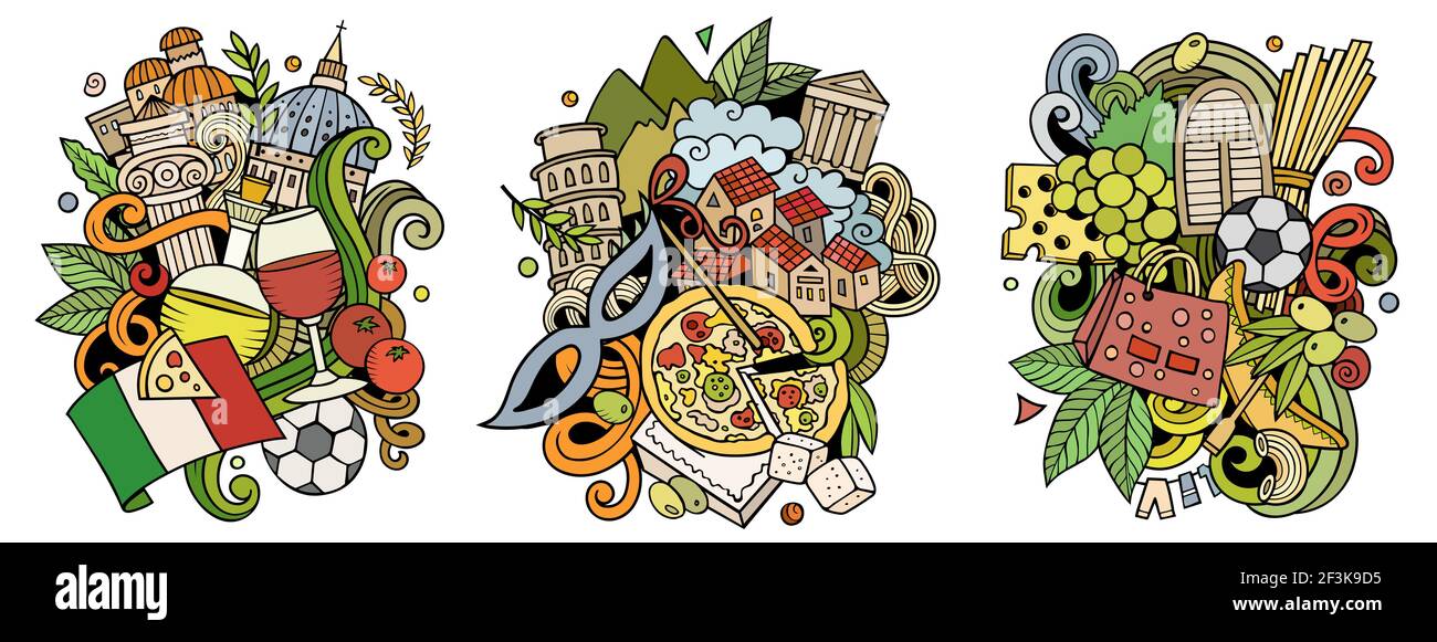 Italy cartoon vector doodle designs set. Colorful detailed compositions ...
