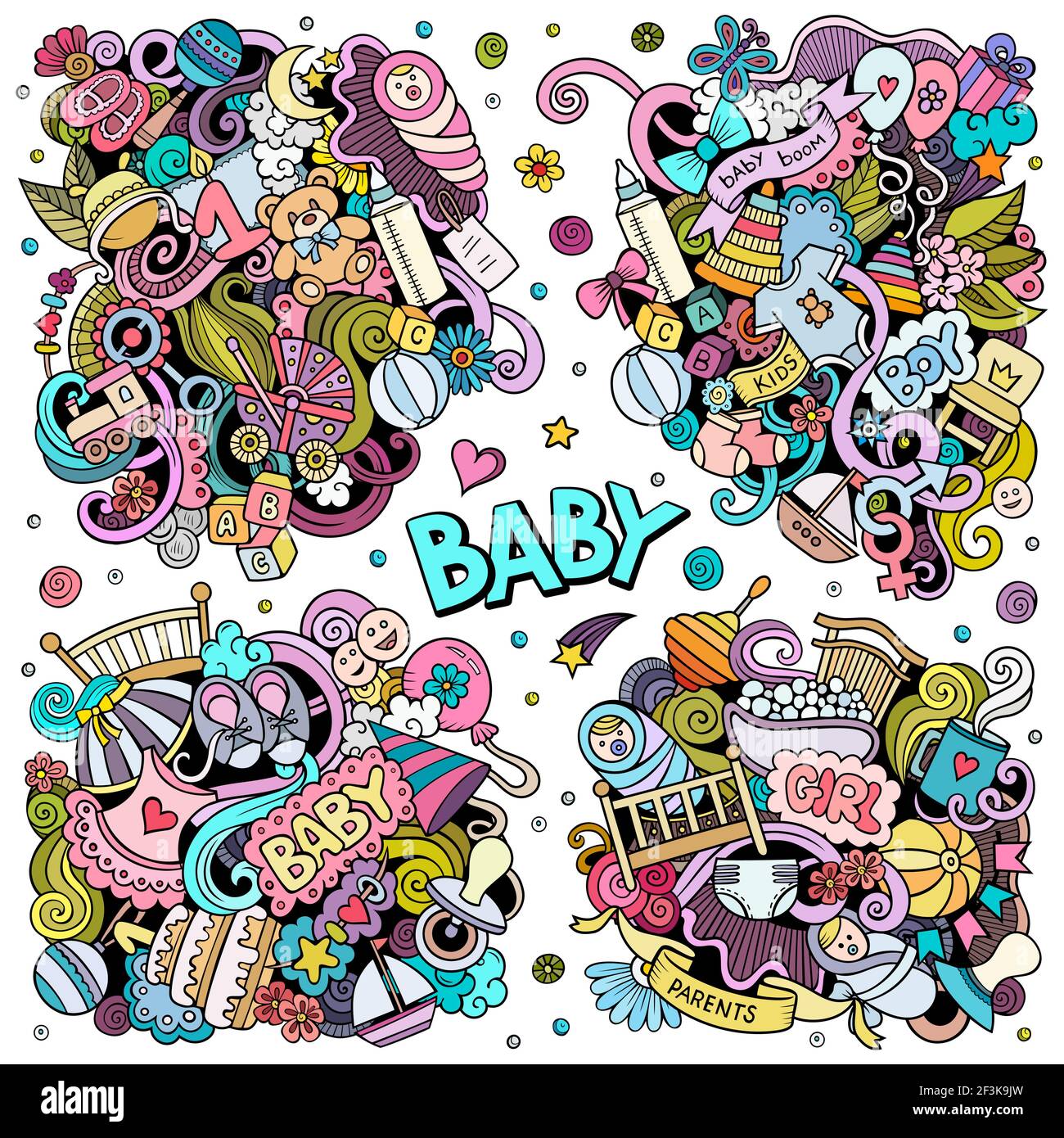 Baby cartoon vector doodle designs set. Colorful detailed compositions ...