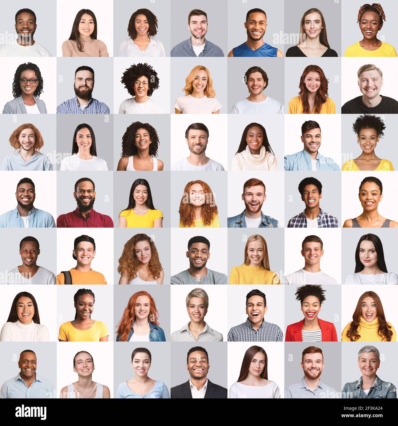 Collage of happy mixed young people portraits on studio backgrounds ...