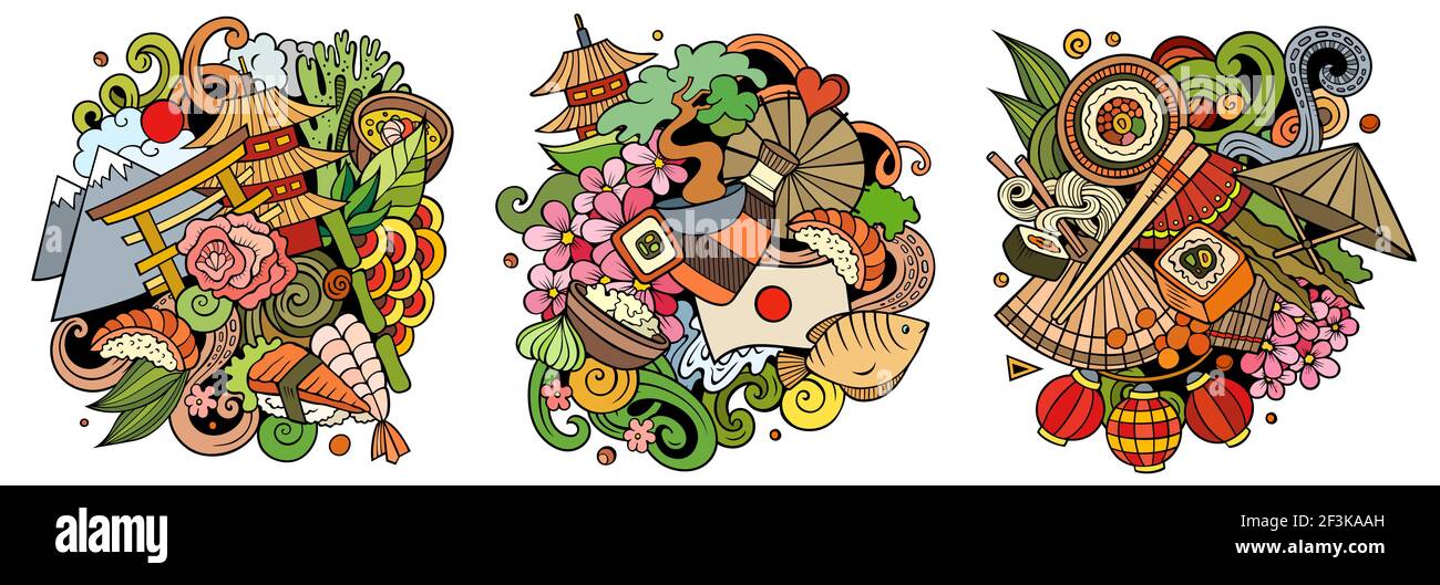 Japan cartoon vector doodle designs set. Colorful detailed compositions ...