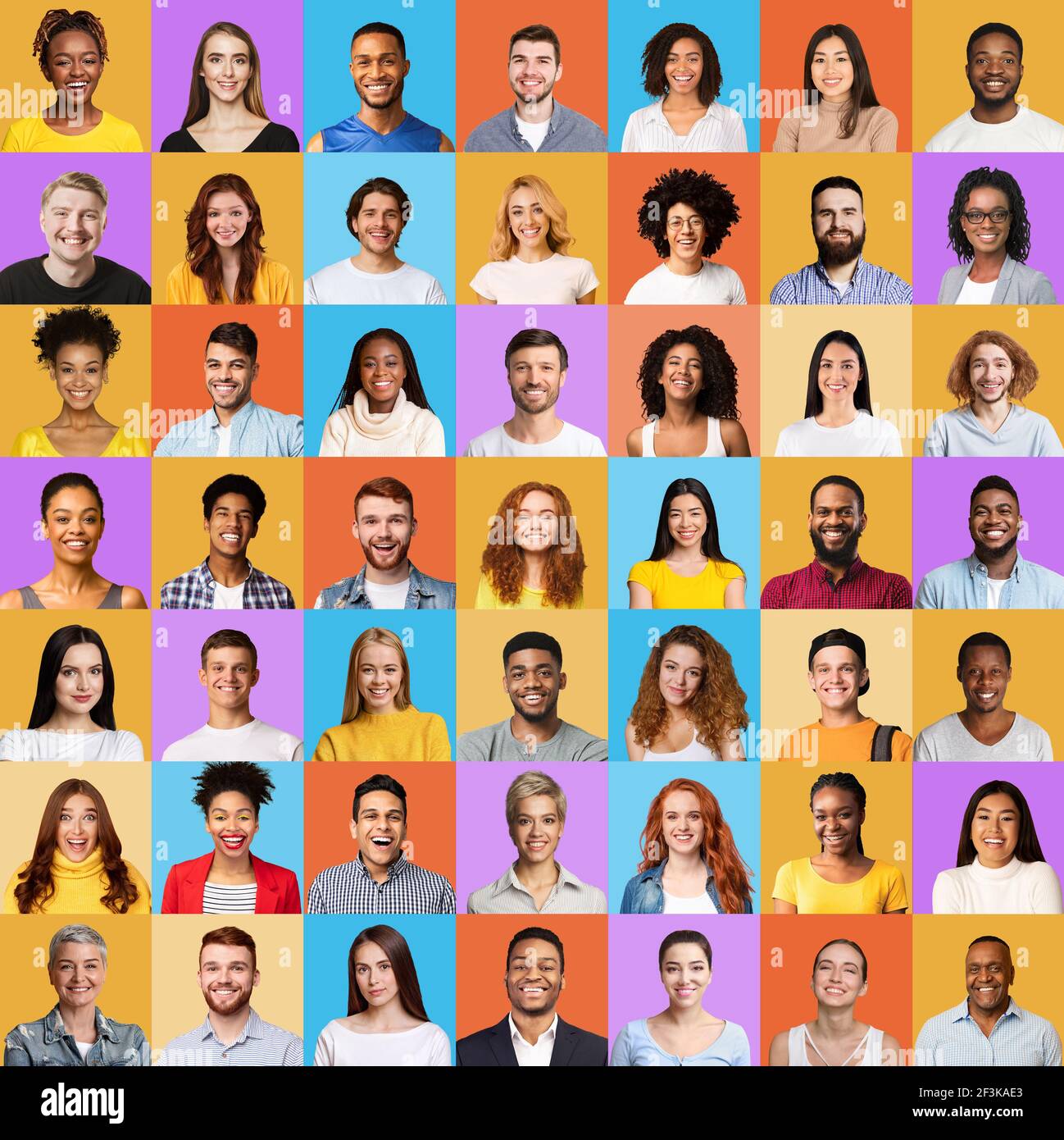 Collage of multiracial people portraits with faces over colorful ...