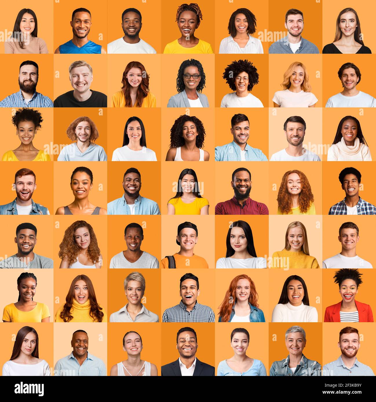 Collection Of Multicultural Happy People Faces Posing Over Orange ...