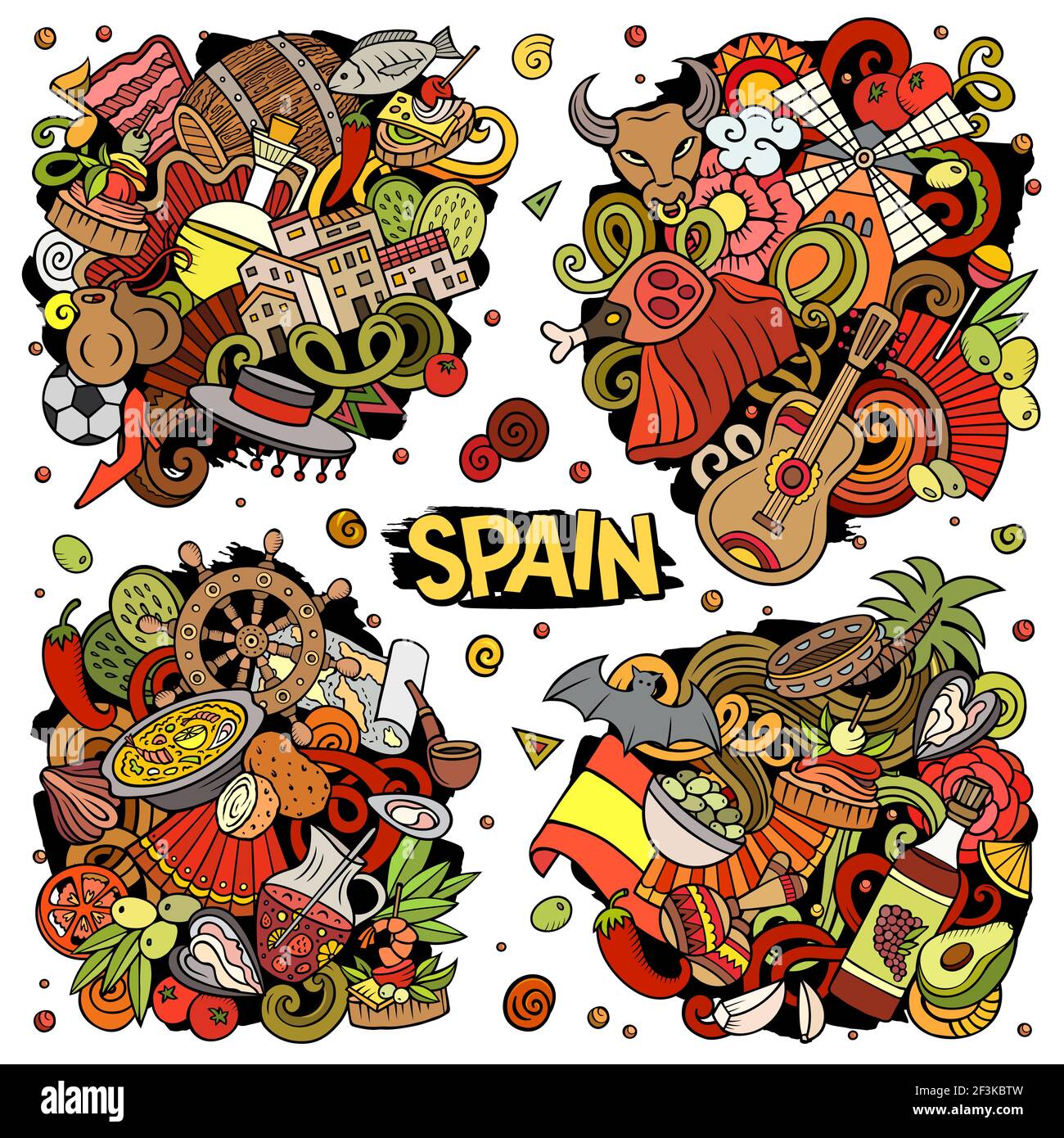 Spain cartoon vector doodle designs set. Colorful detailed compositions ...