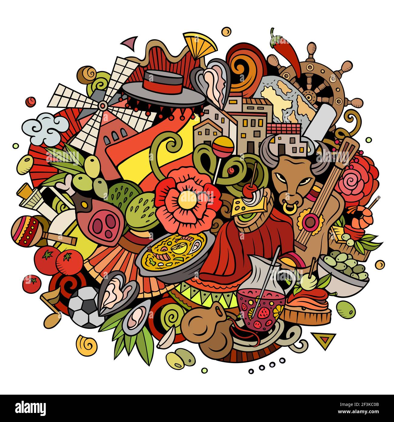 Spain hand drawn cartoon doodle illustration. Funny Spanish elements ...
