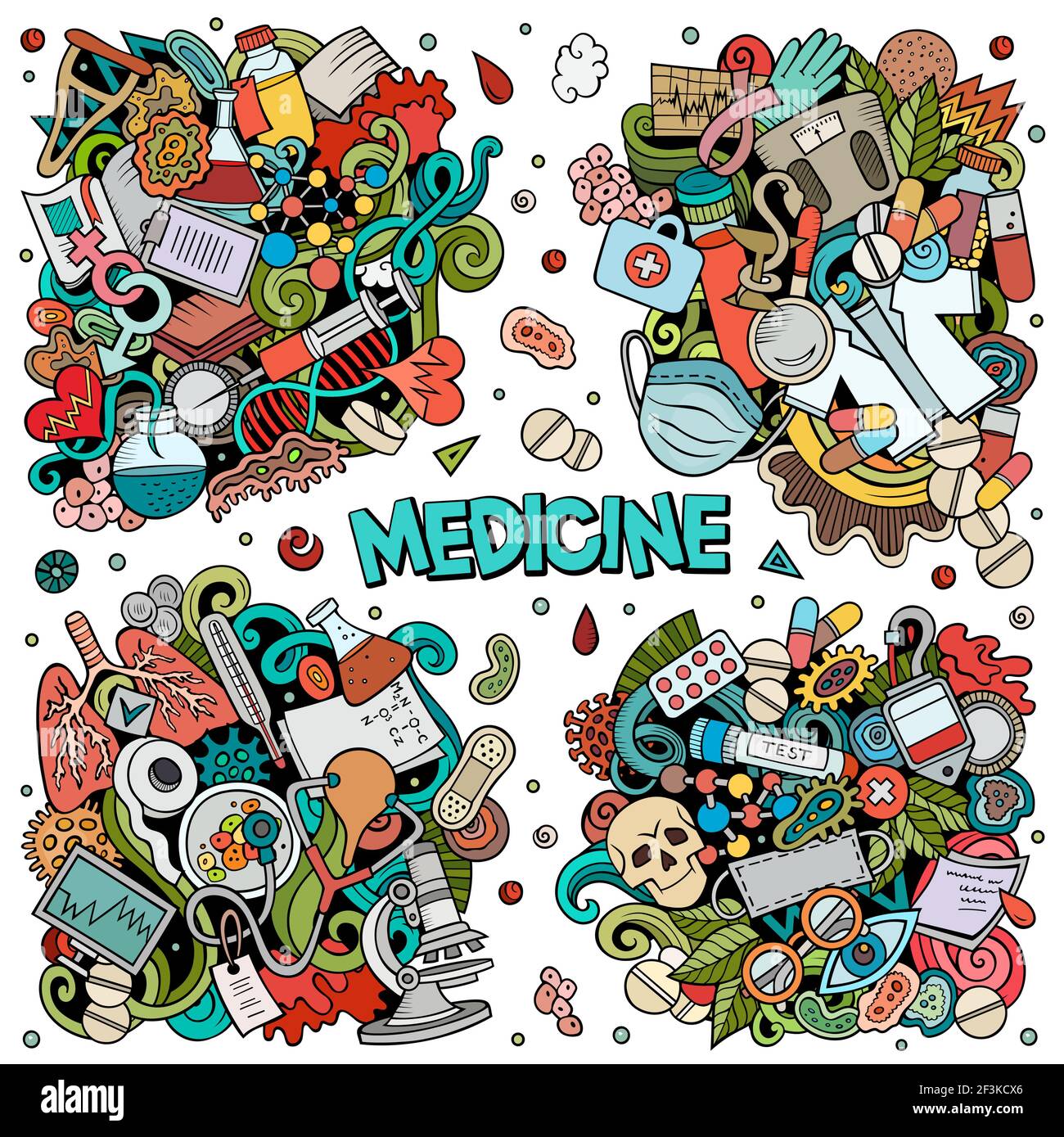 Medicine cartoon vector doodle designs set. Colorful detailed ...