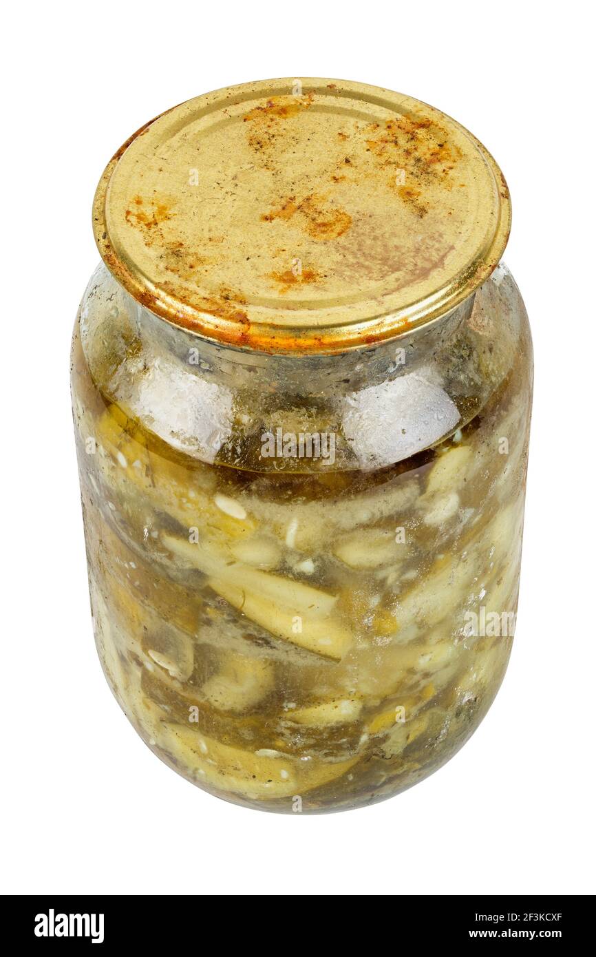 old pickles in glass jar with rusted cap in bad condition isolated on ...