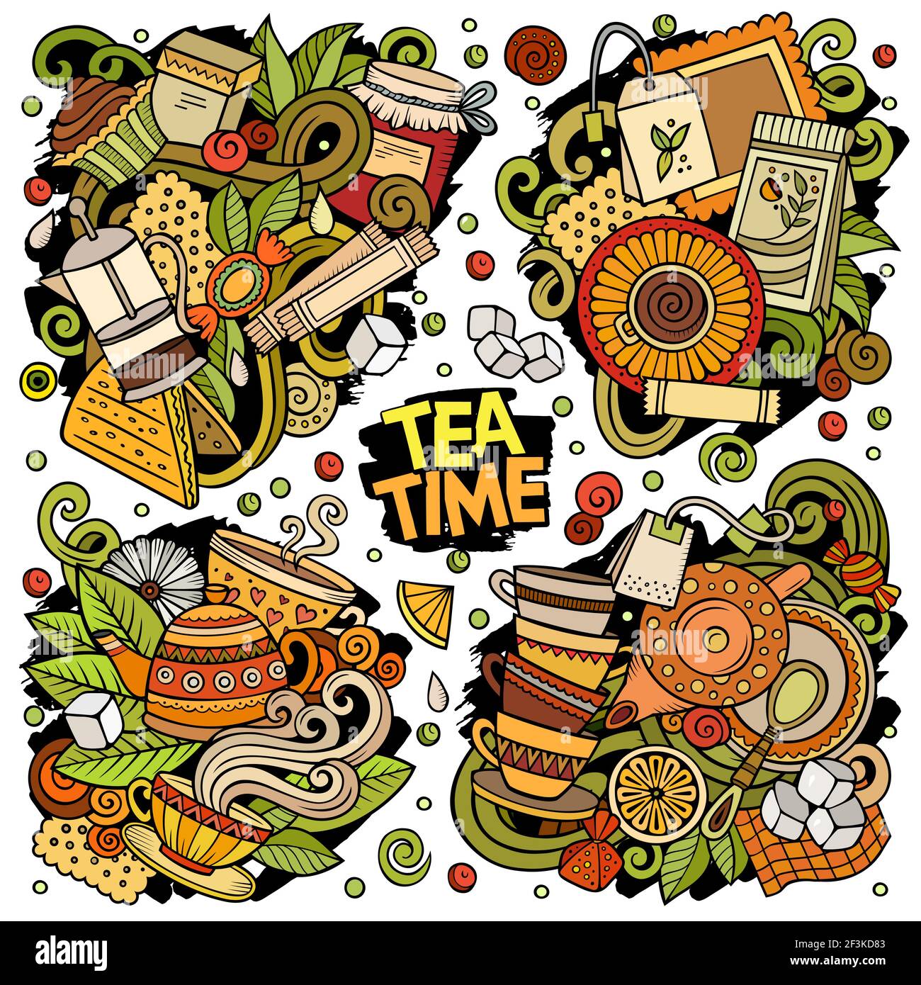 Colorful vector hand drawn doodles cartoon set of Tea combinations of ...