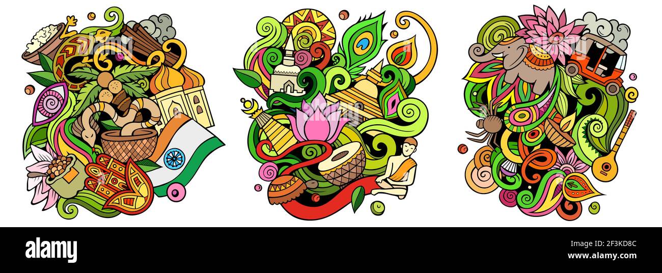 India cartoon vector doodle designs set. Colorful detailed compositions ...