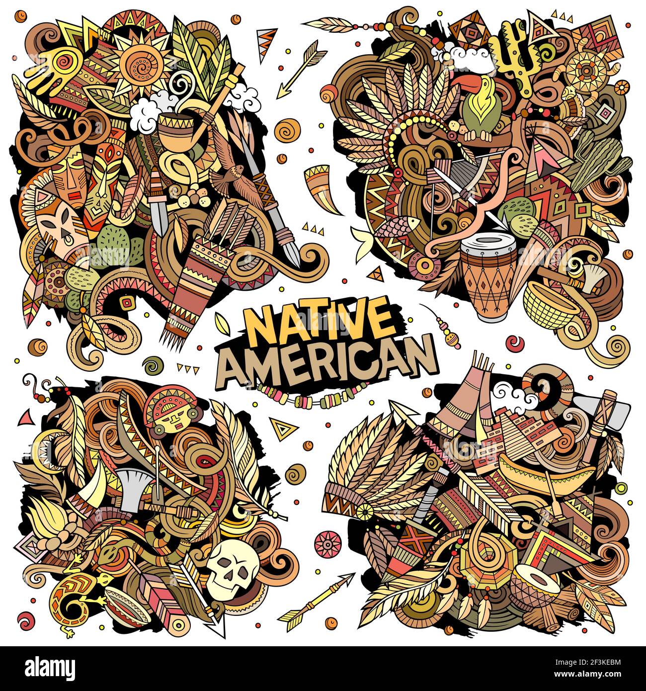 Native American cartoon vector doodle designs set. Colorful detailed ...