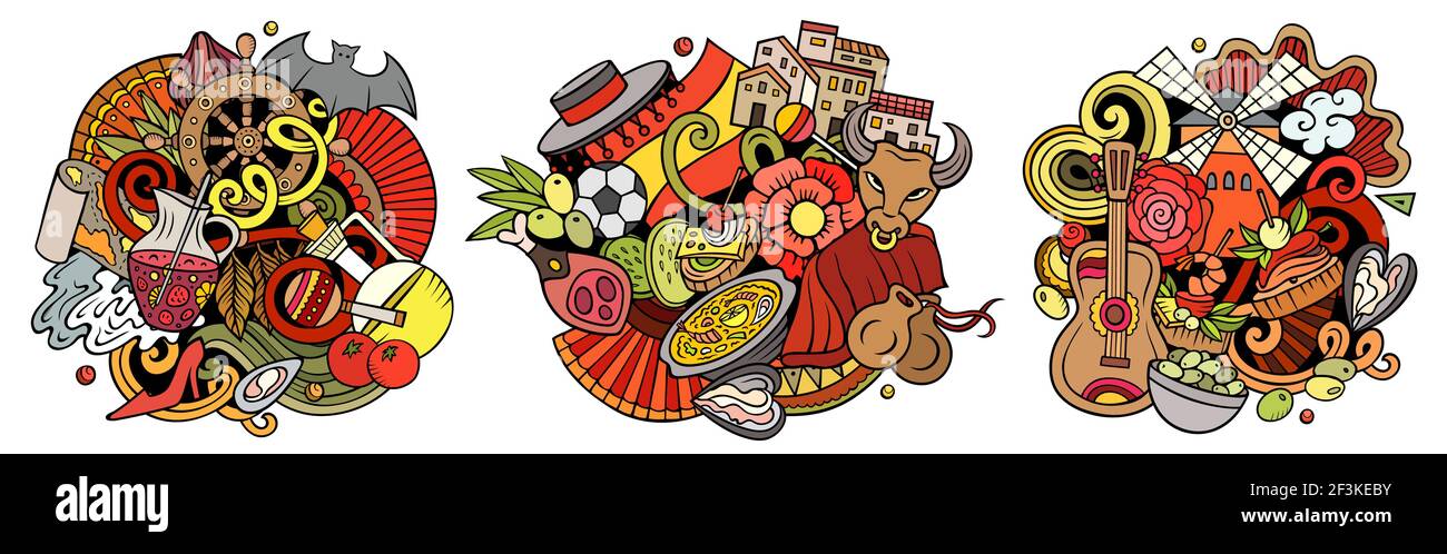 Spain cartoon vector doodle designs set. Colorful detailed compositions ...