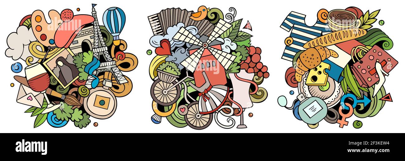 France cartoon vector doodle designs set. Colorful detailed ...