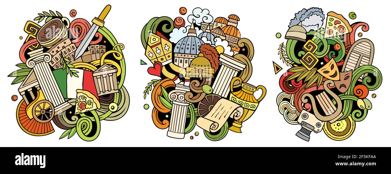 Italy cartoon vector doodle designs set. Colorful detailed compositions ...
