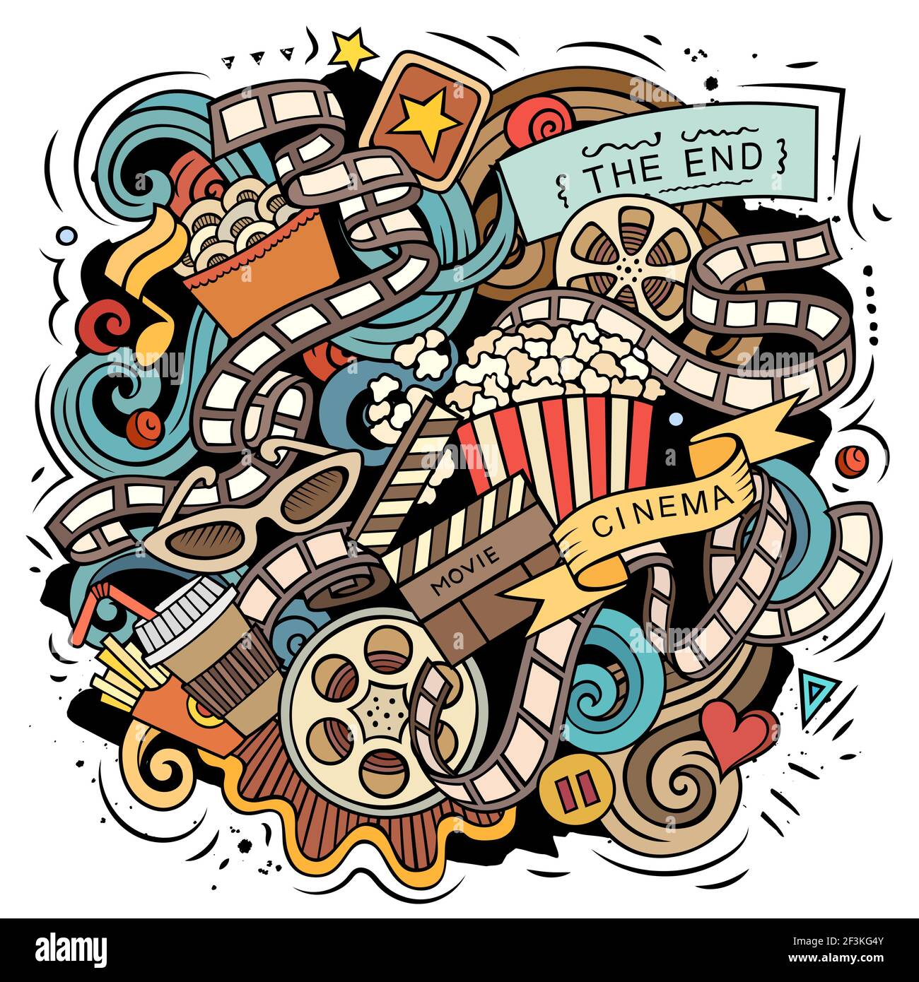 Cinema cartoon vector doodle design. Colorful detailed composition with ...