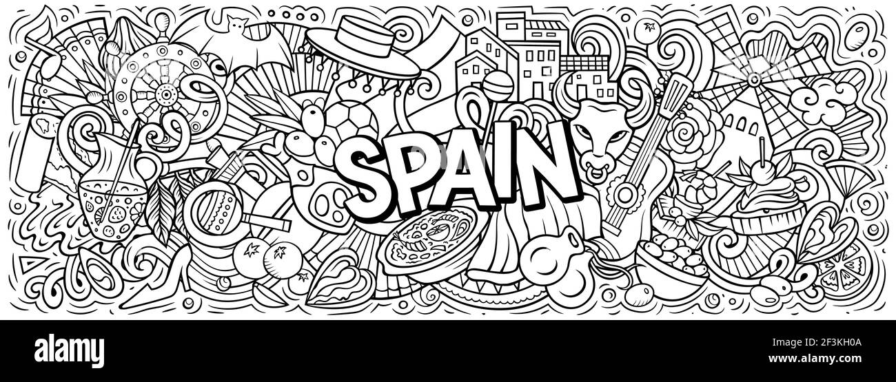Spain hand drawn cartoon doodles illustration. Spanish funny objects ...