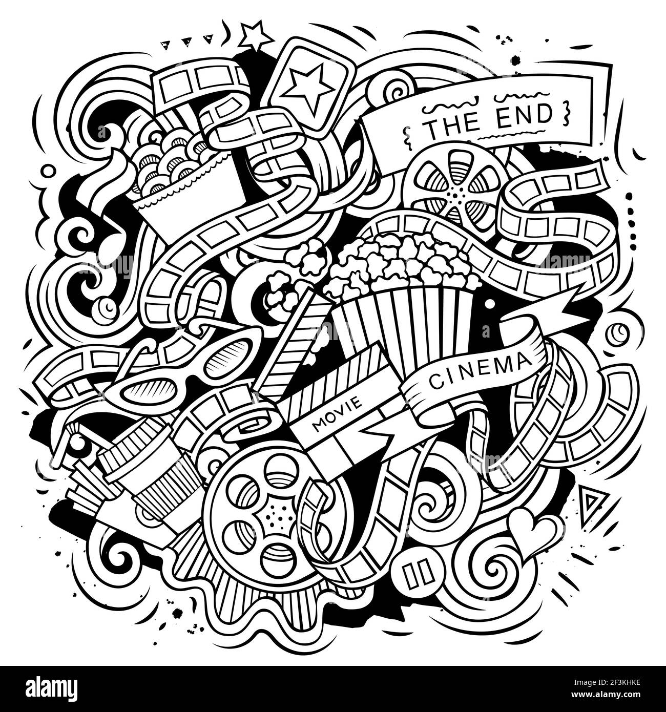 Cinema cartoon vector doodle design. Line art detailed composition with ...