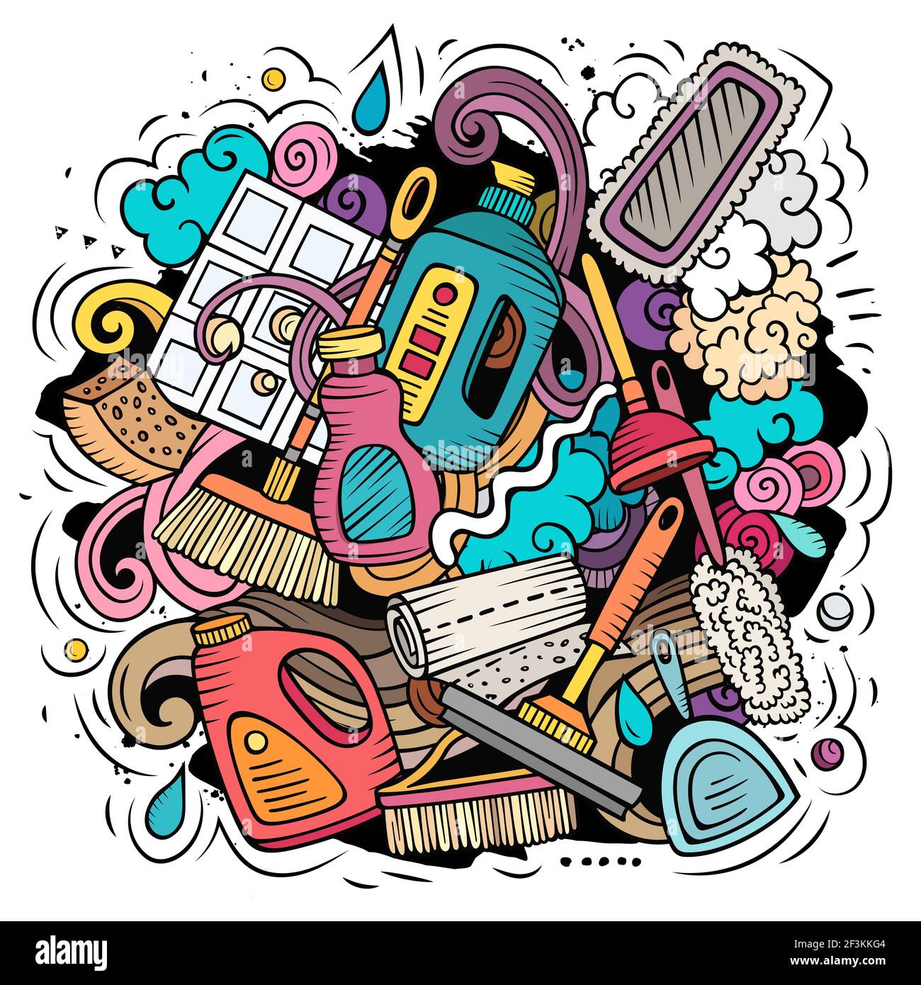 Cleaning cartoon vector doodle design. Colorful detailed composition ...