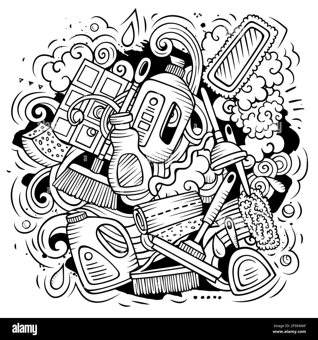 Cleaning cartoon vector doodle design. Line art detailed composition ...