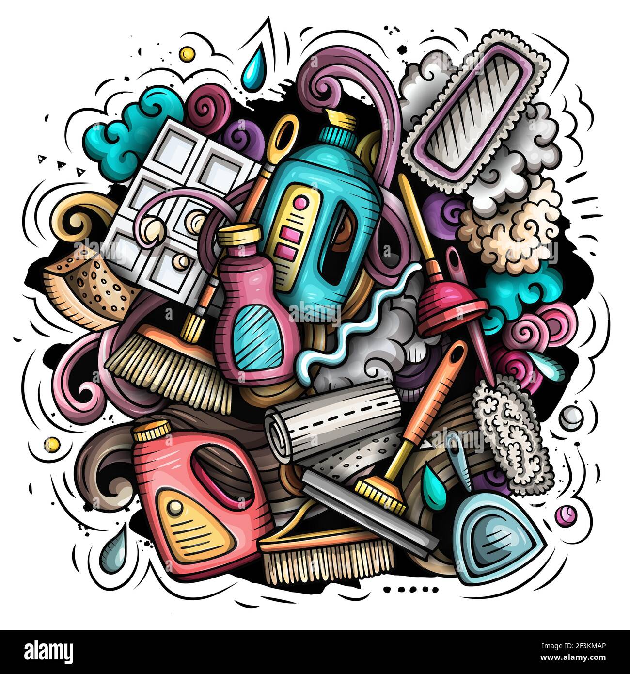 Cleaning cartoon vector doodle design. Colorful detailed composition ...