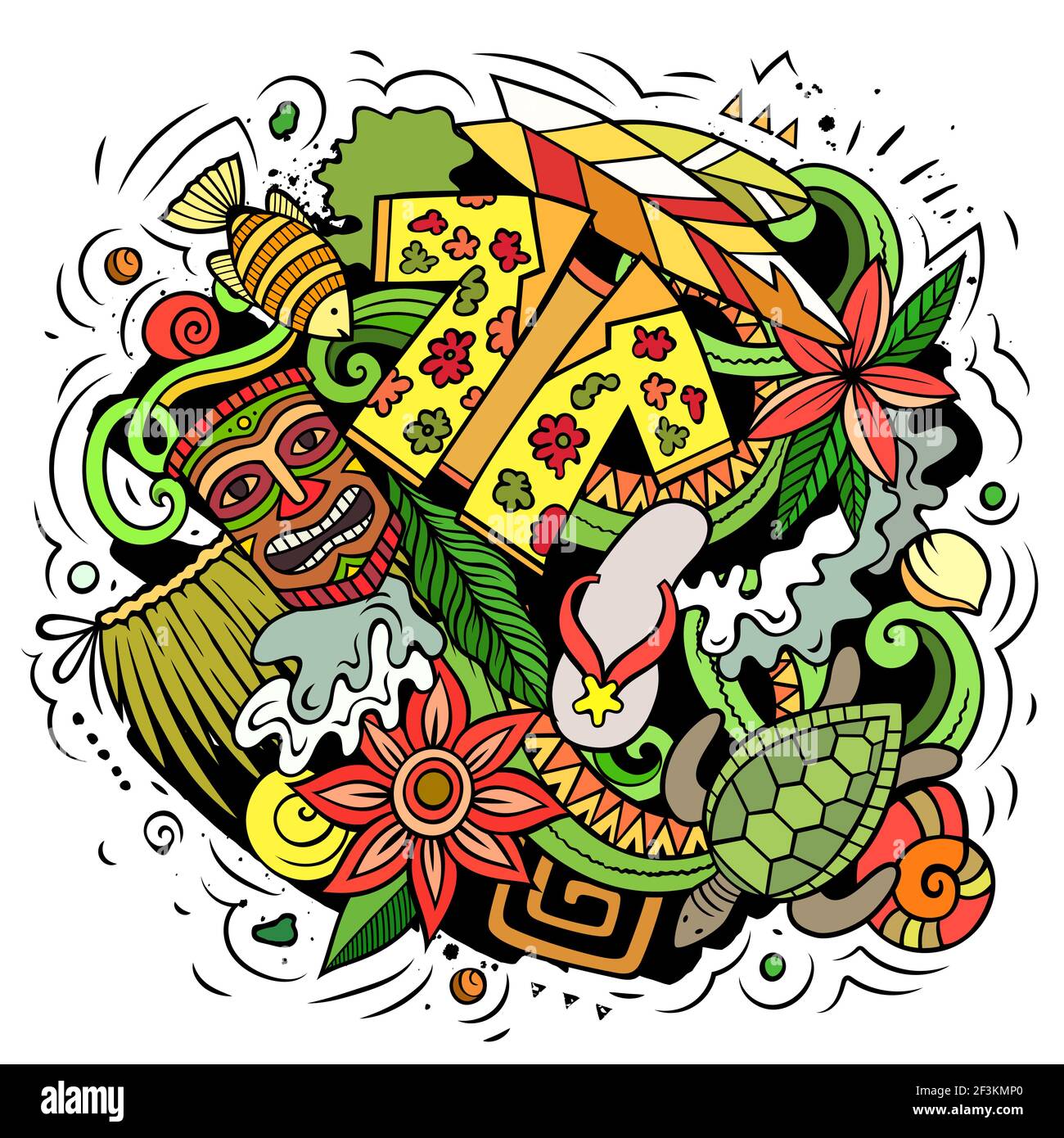 Hawaii cartoon vector doodle design. Colorful detailed composition with ...