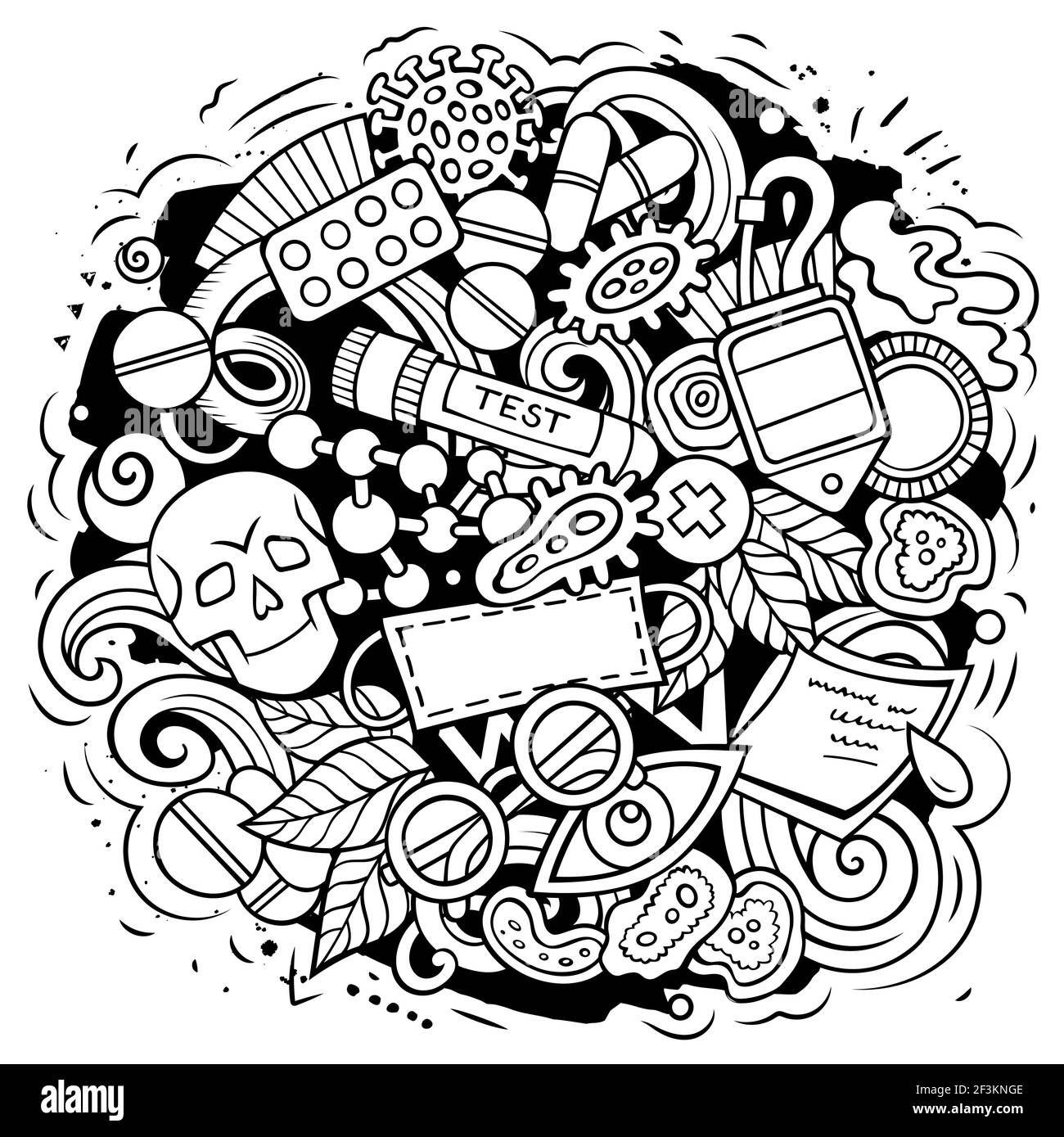 Medicine cartoon vector doodle design. Line art detailed composition ...