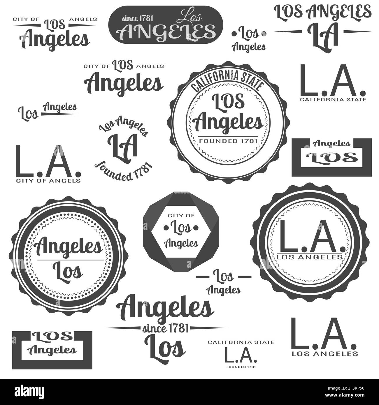 Set of grey emblem, logo, label for city of Los Angeles, isolated on a ...