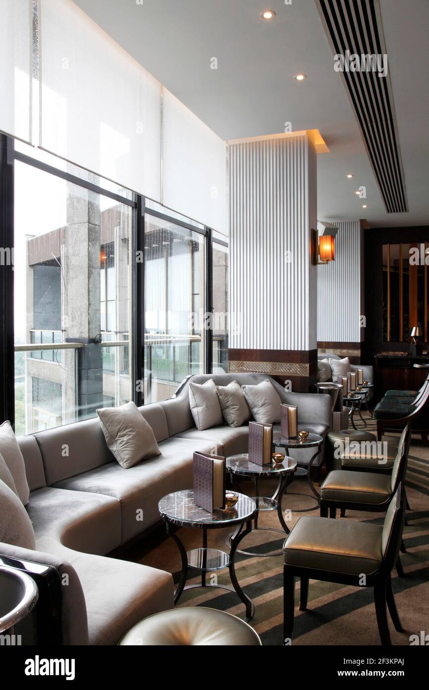 Grey velvet upholstered window seating in Galvin at Windows bar, Park ...