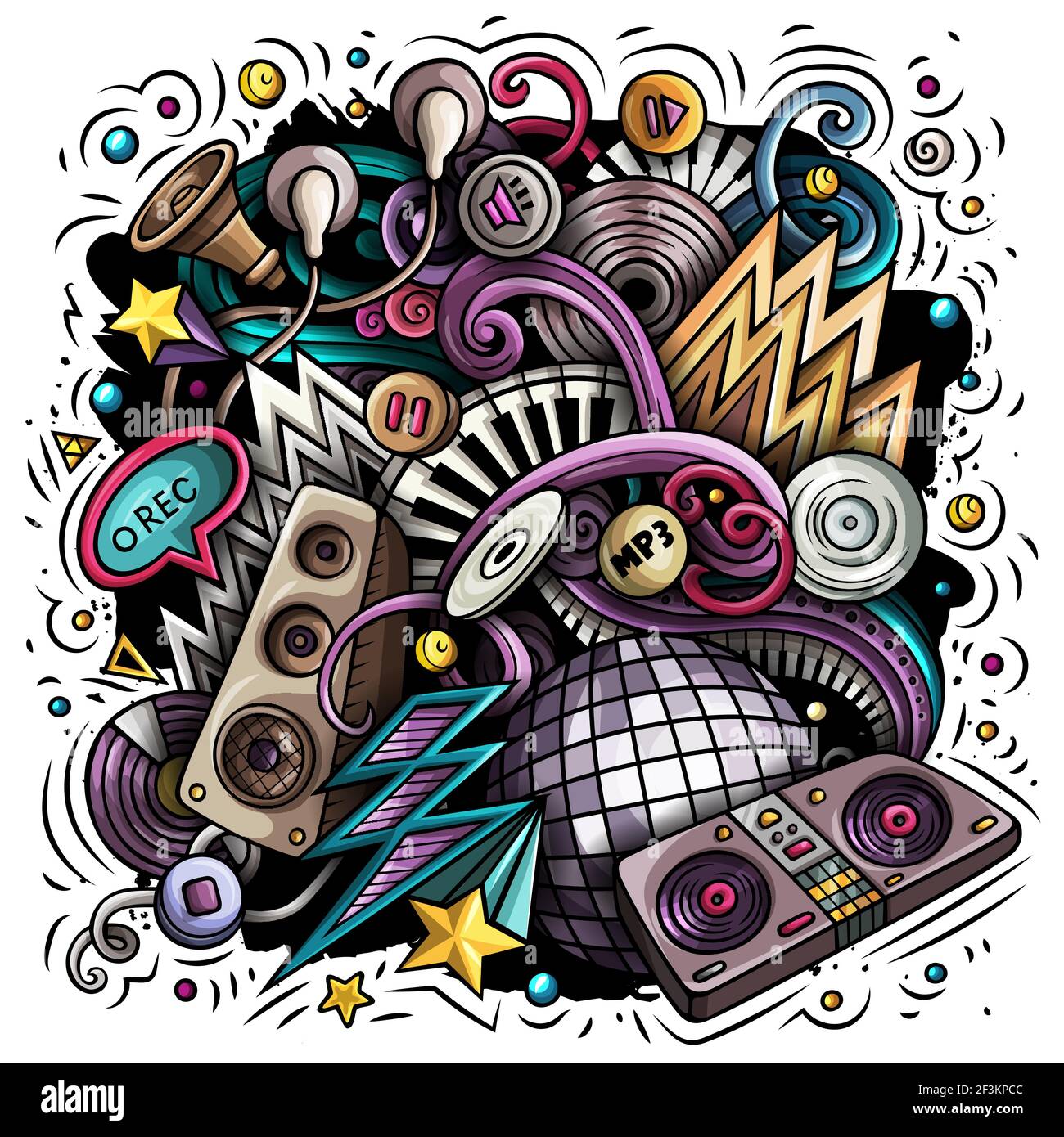 Cartoon vector doodles Disco music illustration. Colorful, detailed ...