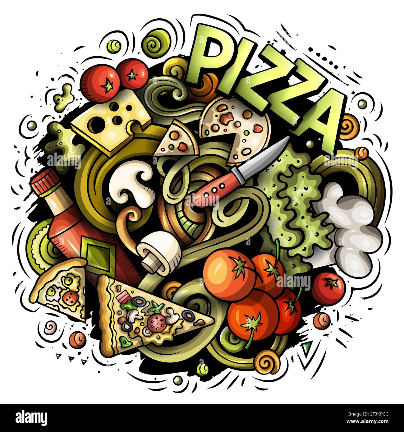Pizza cartoon doodle illustration. Funny creative vector background ...