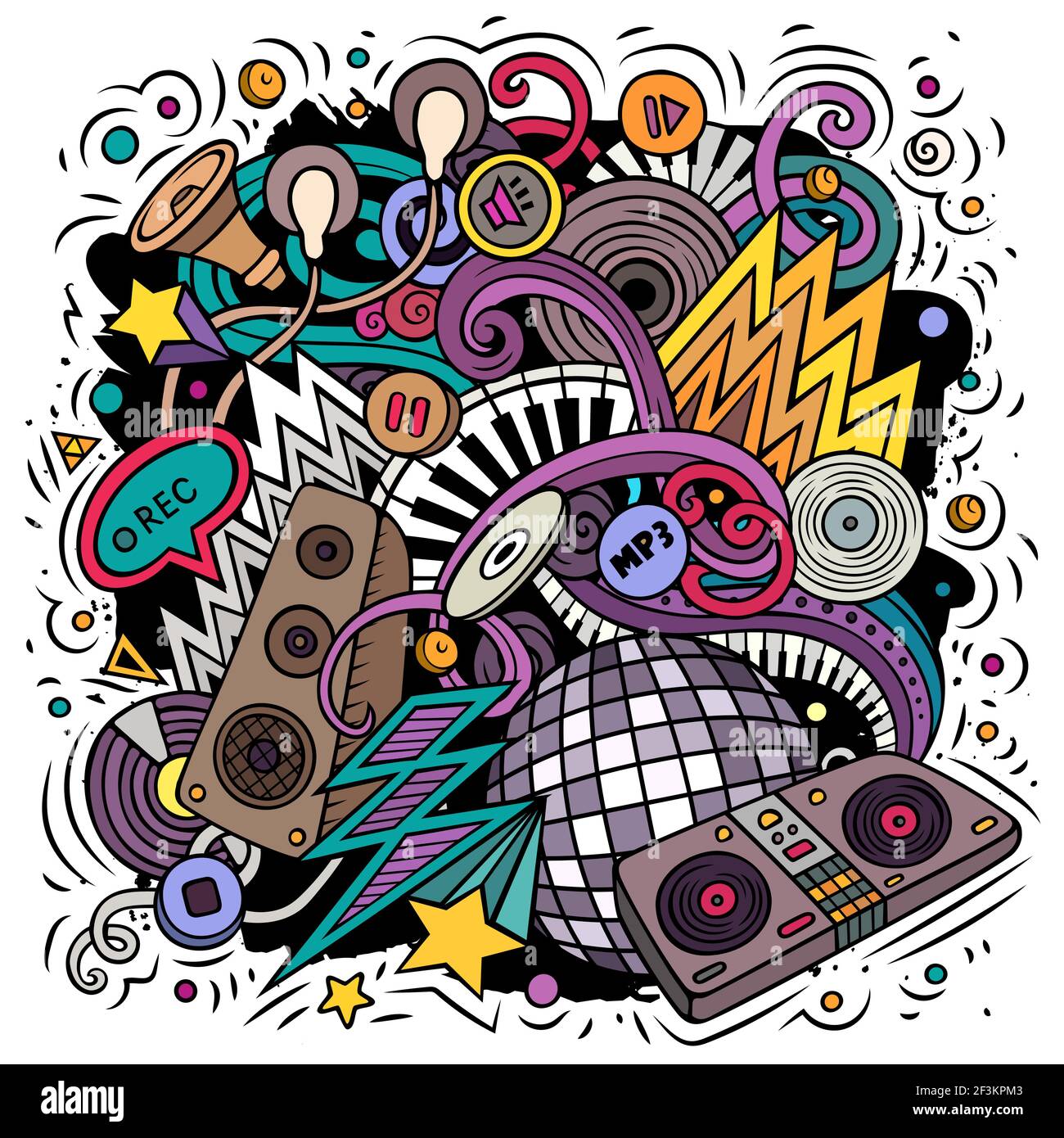 Cartoon vector doodles Disco music illustration. Colorful, detailed ...