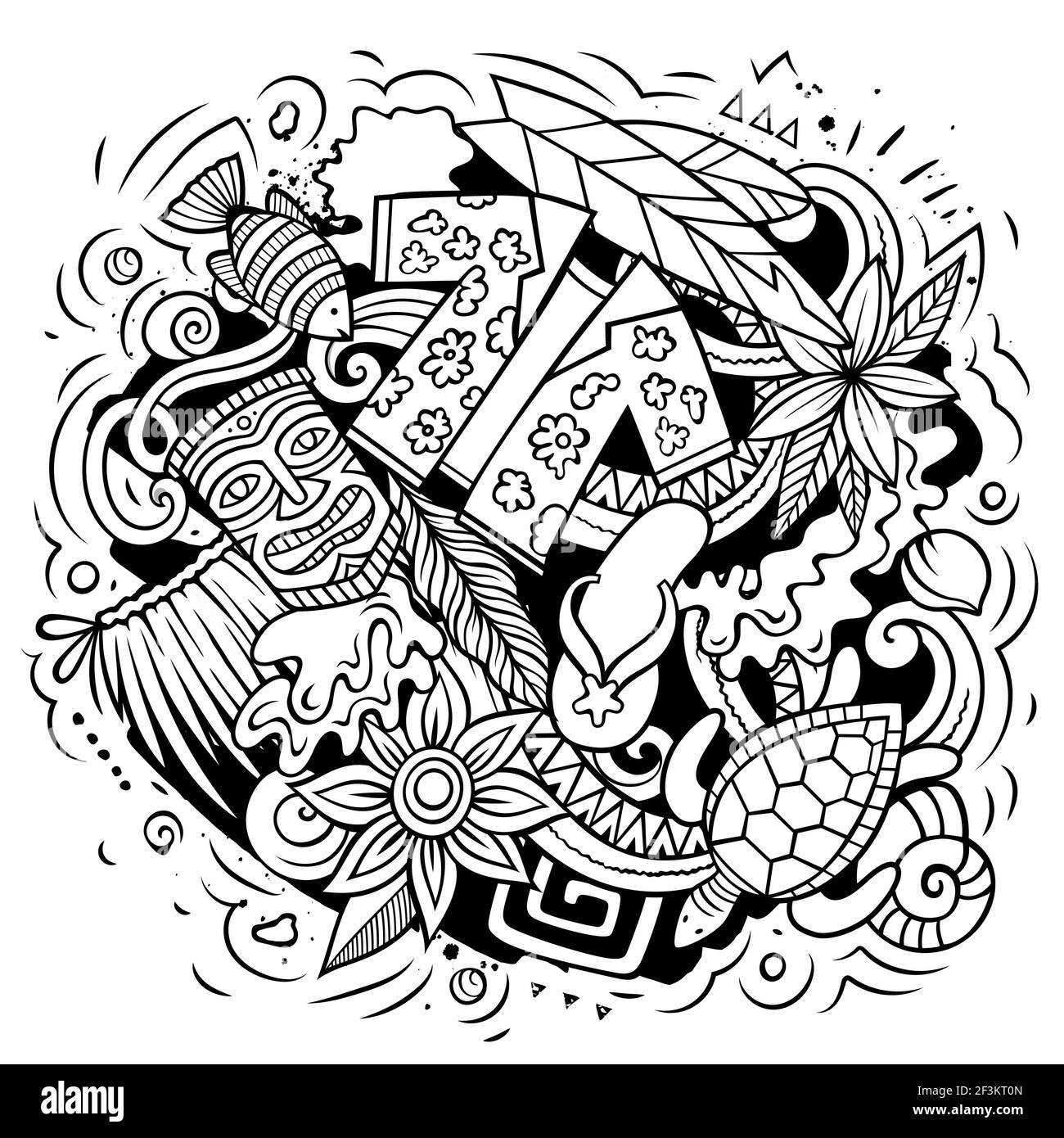 Hawaii cartoon vector doodle design. Line art detailed composition with ...