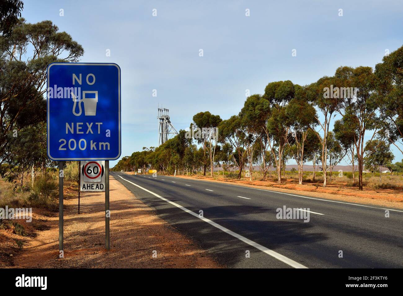 Australia, sign for next petrol station far away from Broken Hill city ...