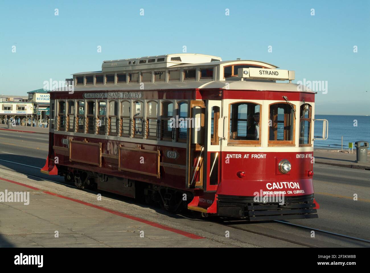 Trams along the seaside at Galveston, Texas, USA | NONE | Stock Photo ...