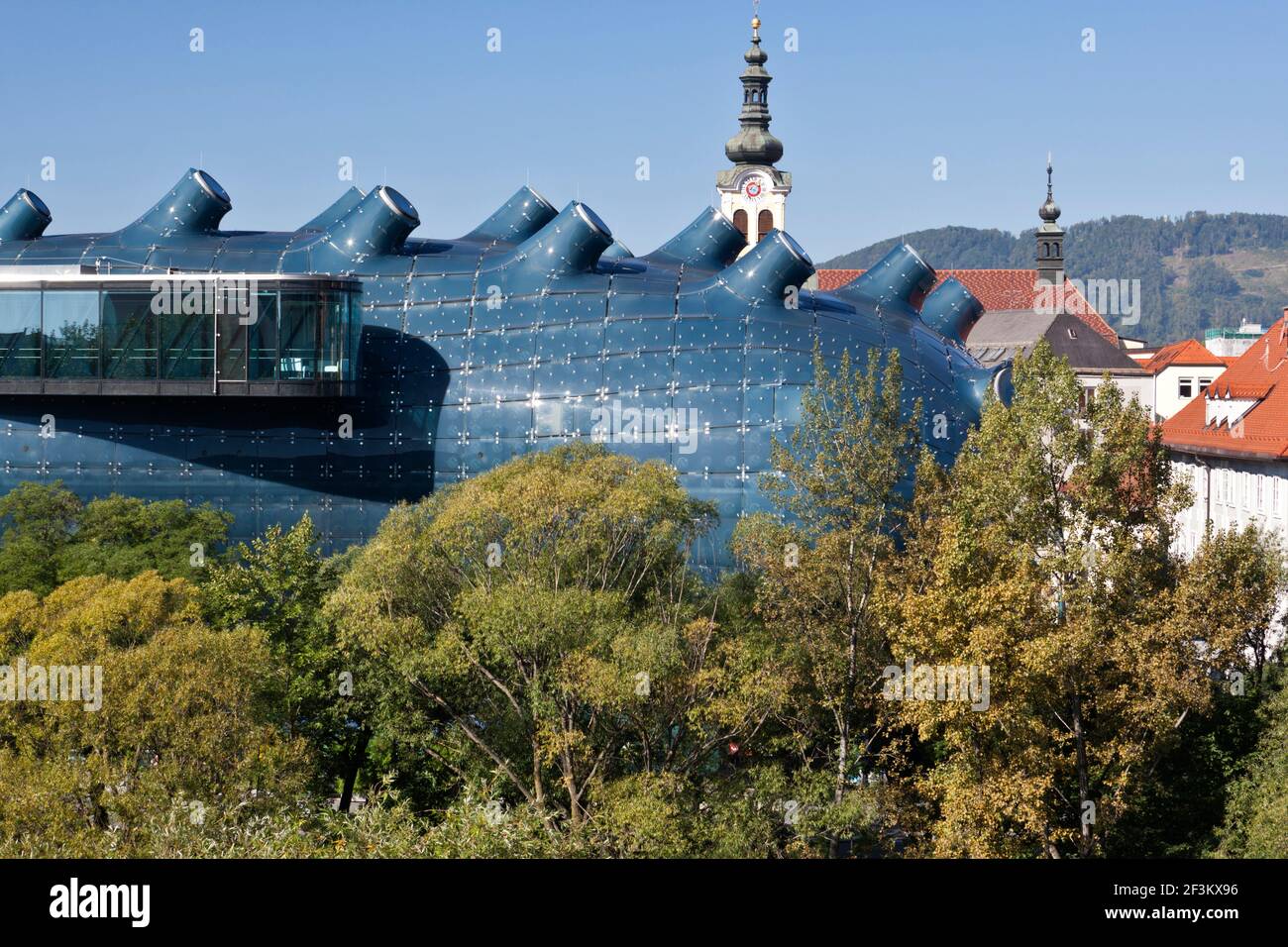 Elevated view of the kunsthaus Graz (2003) with traditional Baroque ...
