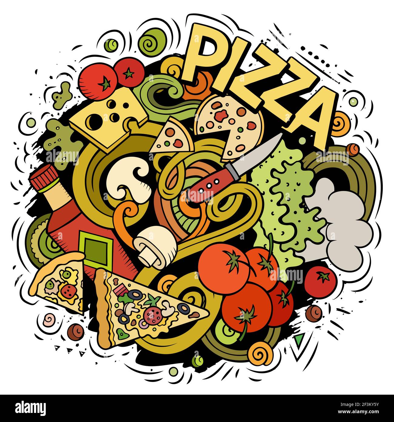 Pizza cartoon doodle illustration. Funny creative vector background ...